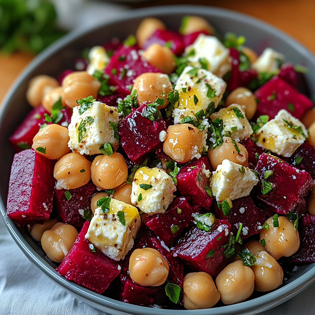 Chickpea Beet Feta Salad with Lemon-Garlic Vinaigrette
